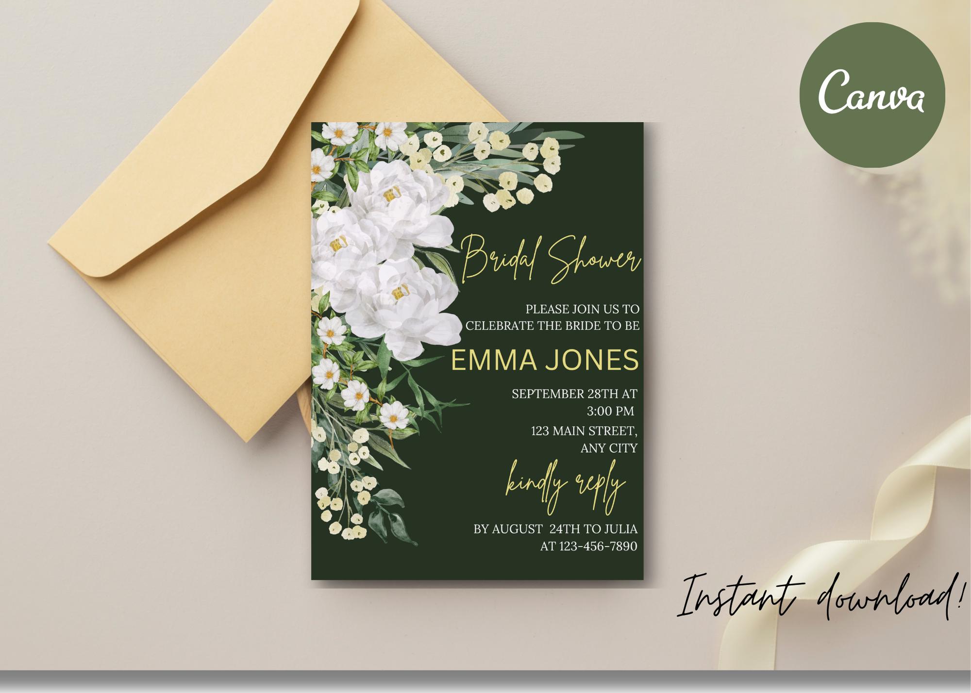 Botanical Olive Green Bridal Shower Invitation Template | Forest Green ...