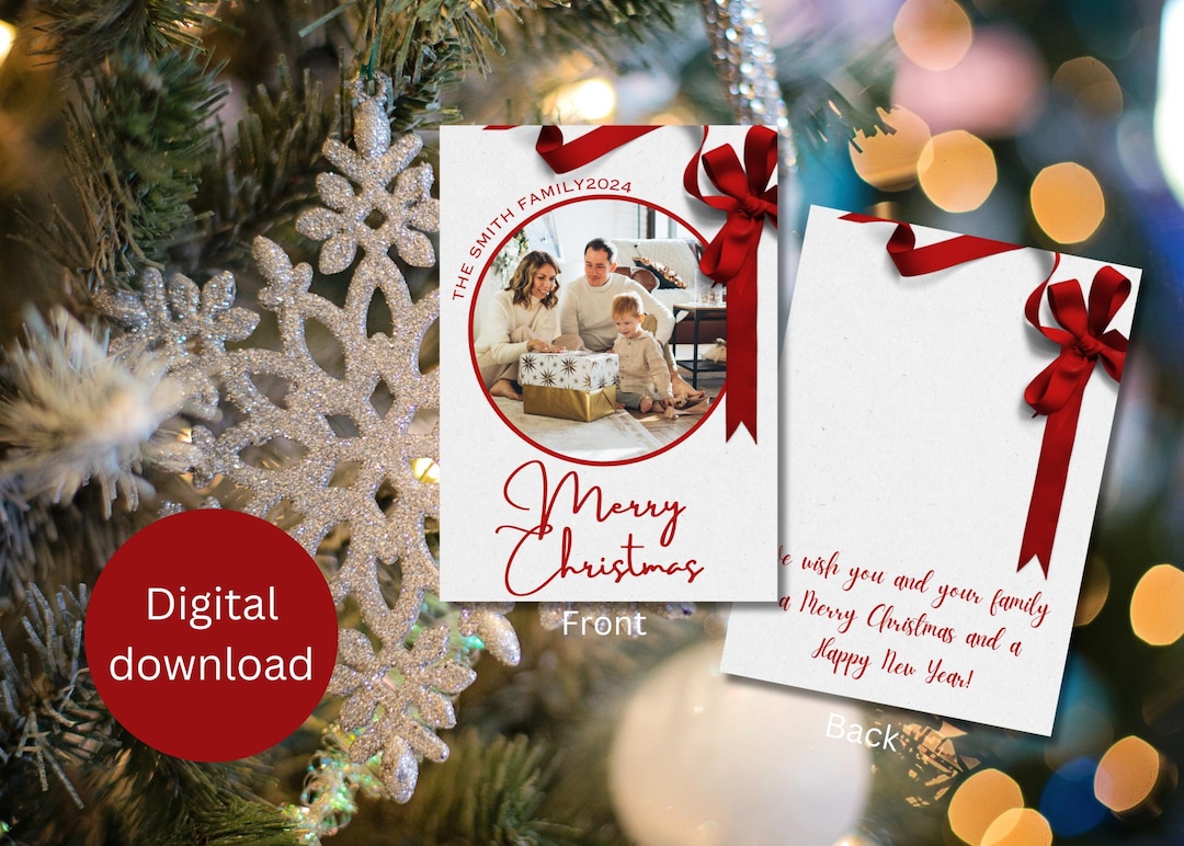 Elegant Fully Editable Red Bow Christmas Greeting Card Family Photo ...