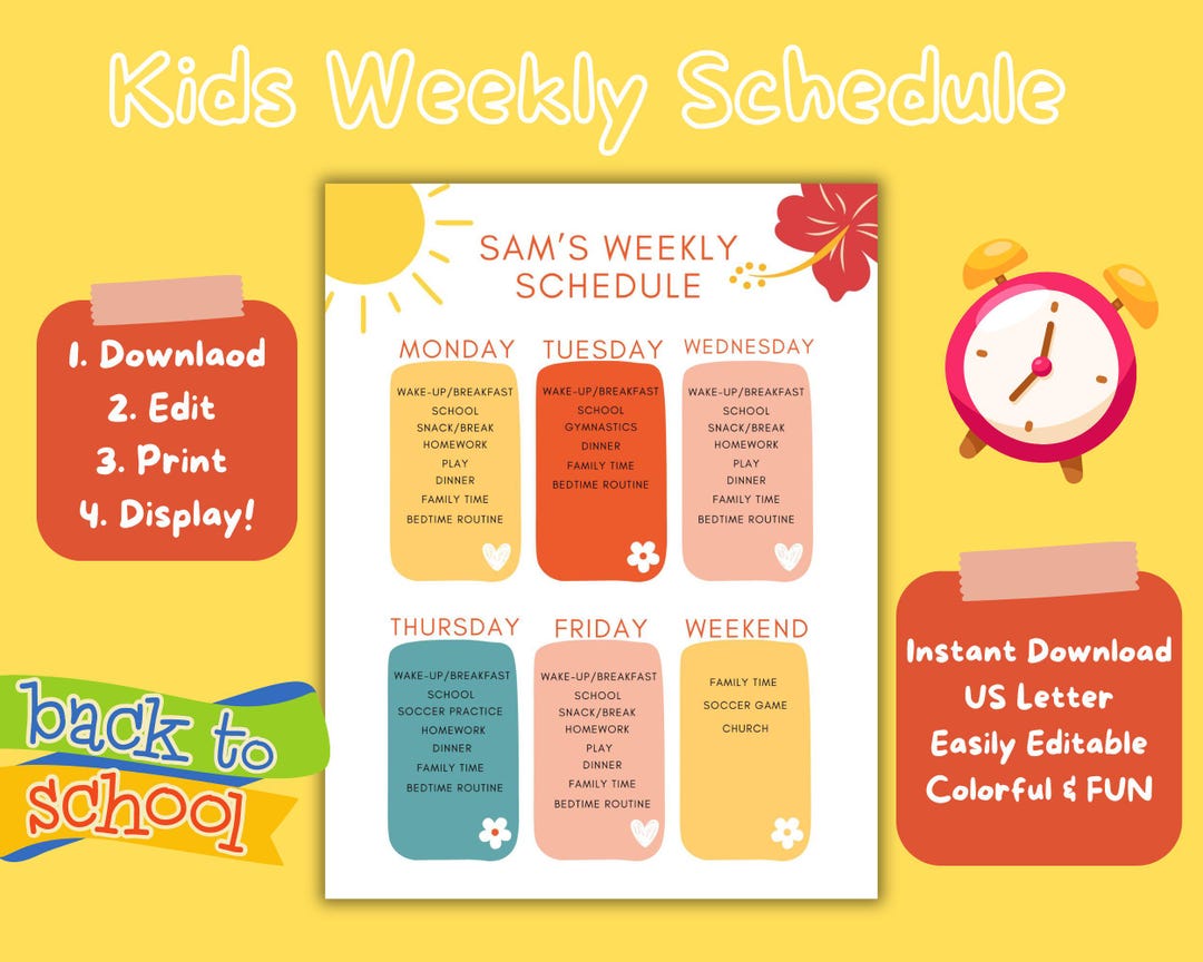 Kids Weekly Schedule, Back to School, Daily Checklist, Kids Daily ...