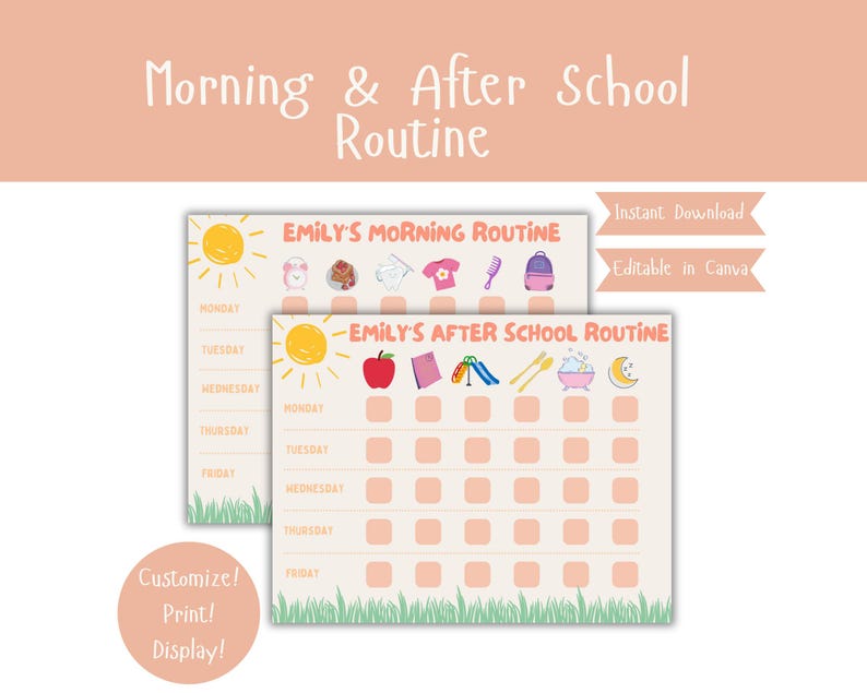 Kids Daily School Checklist Schedule Printable, Editable Chore Chart ...