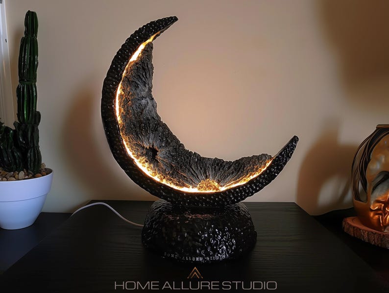 Handmade Crescent Moon Table Lamp: Modern LED Desk Light, Alexa ...