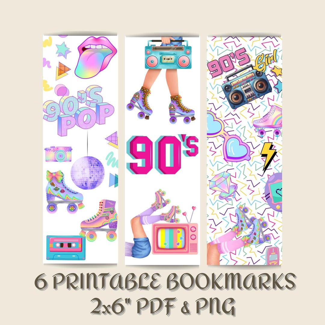 90s Aesthetic Printable Bookmarks, Retro Roller Skates, Neon Pop, 6 ...