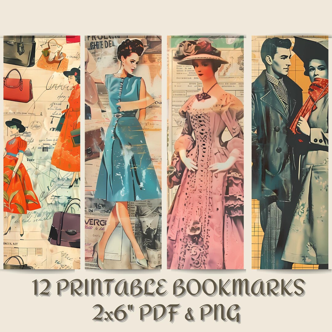 Vintage Fashion Printable Bookmarks, 12 Digital Bookmarks, 2x6” PNG ...