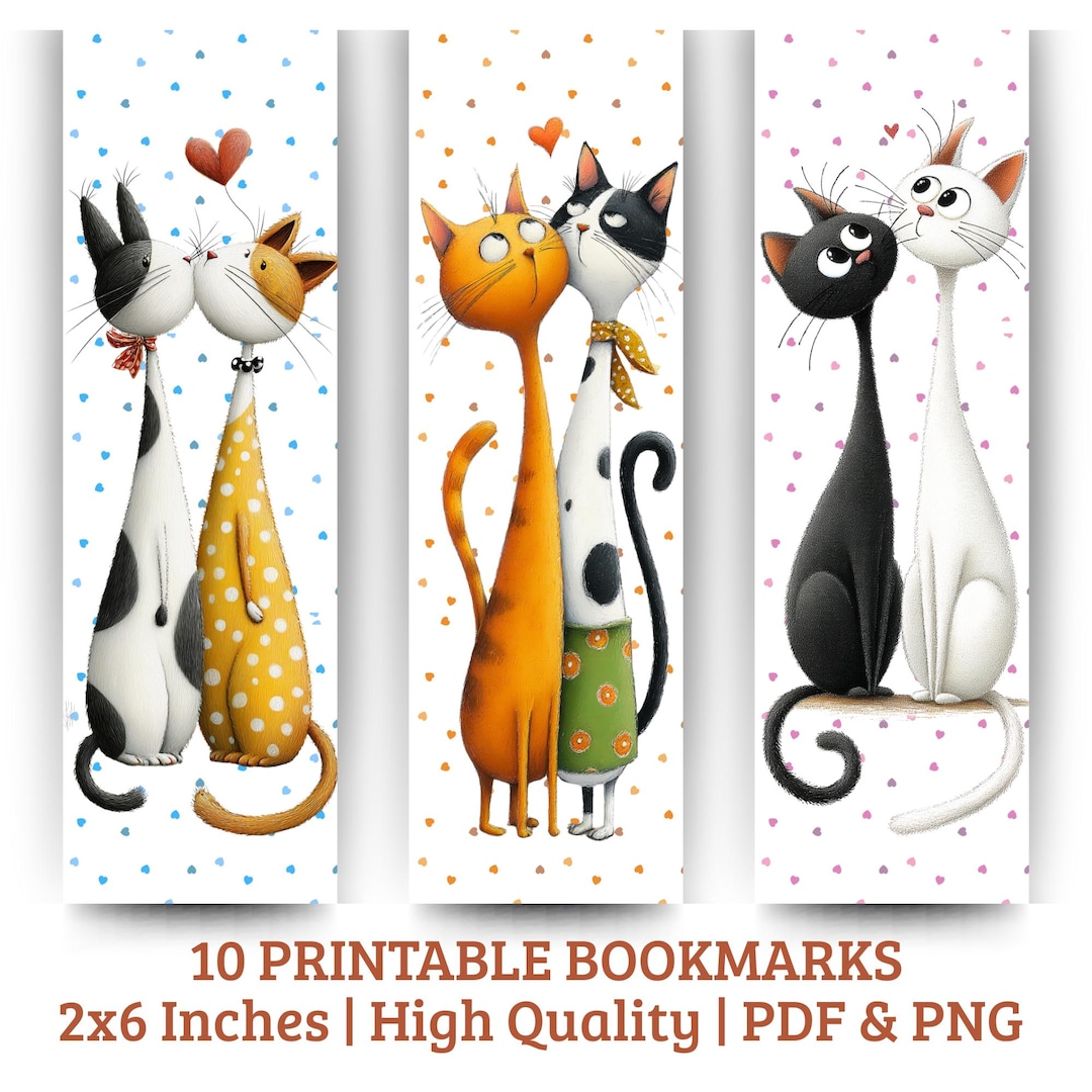 Cat Printable Bookmarks Set of 10 | Cat Lovers Bookmark | 2x6 Inches ...