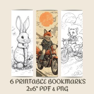 6 Cute Animal Coloring Bookmarks, 2x6 Printable DIY Bookmarks, Black ...
