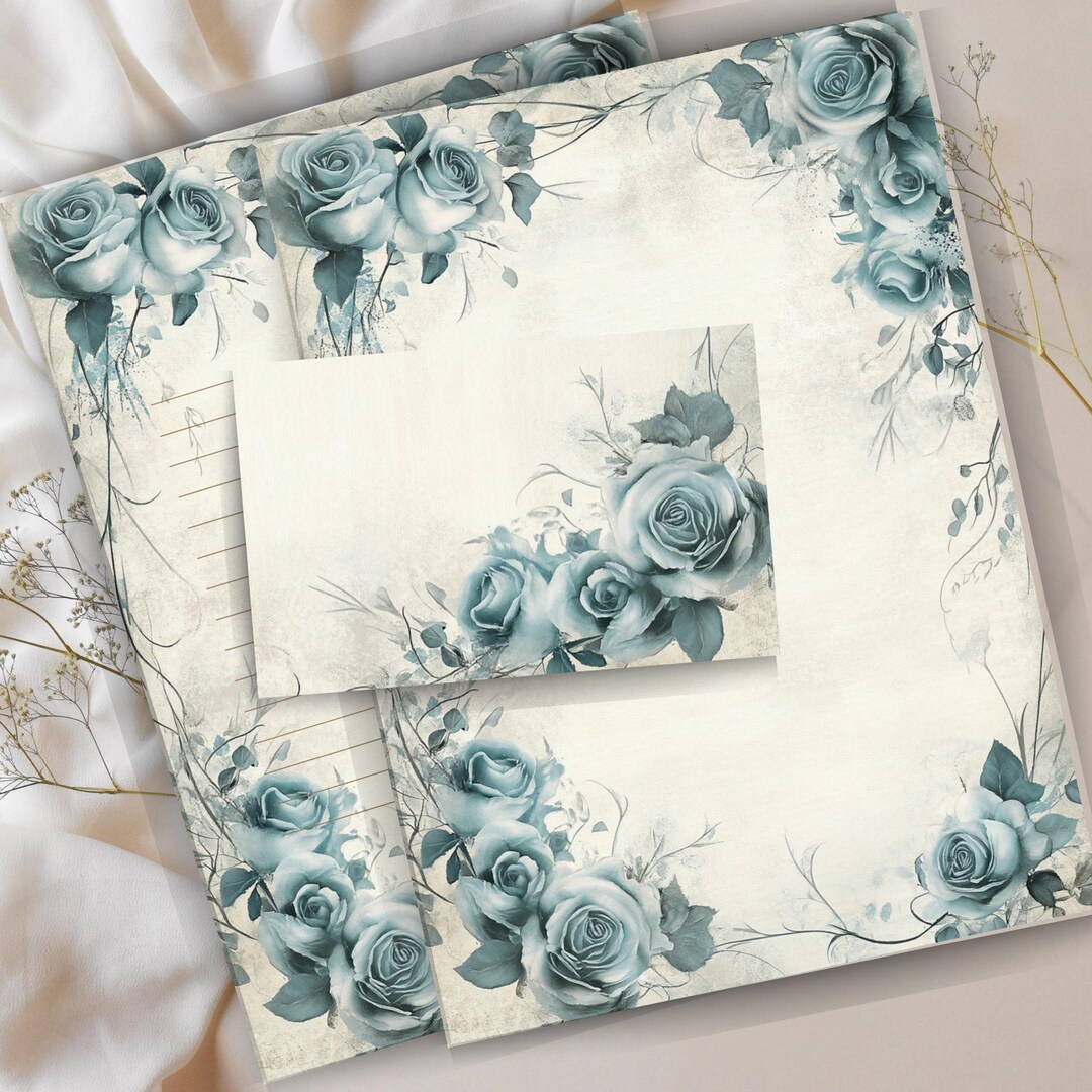 Elegant Vintage Blue Roses A4 Printable Stationery Set: Writing Paper ...