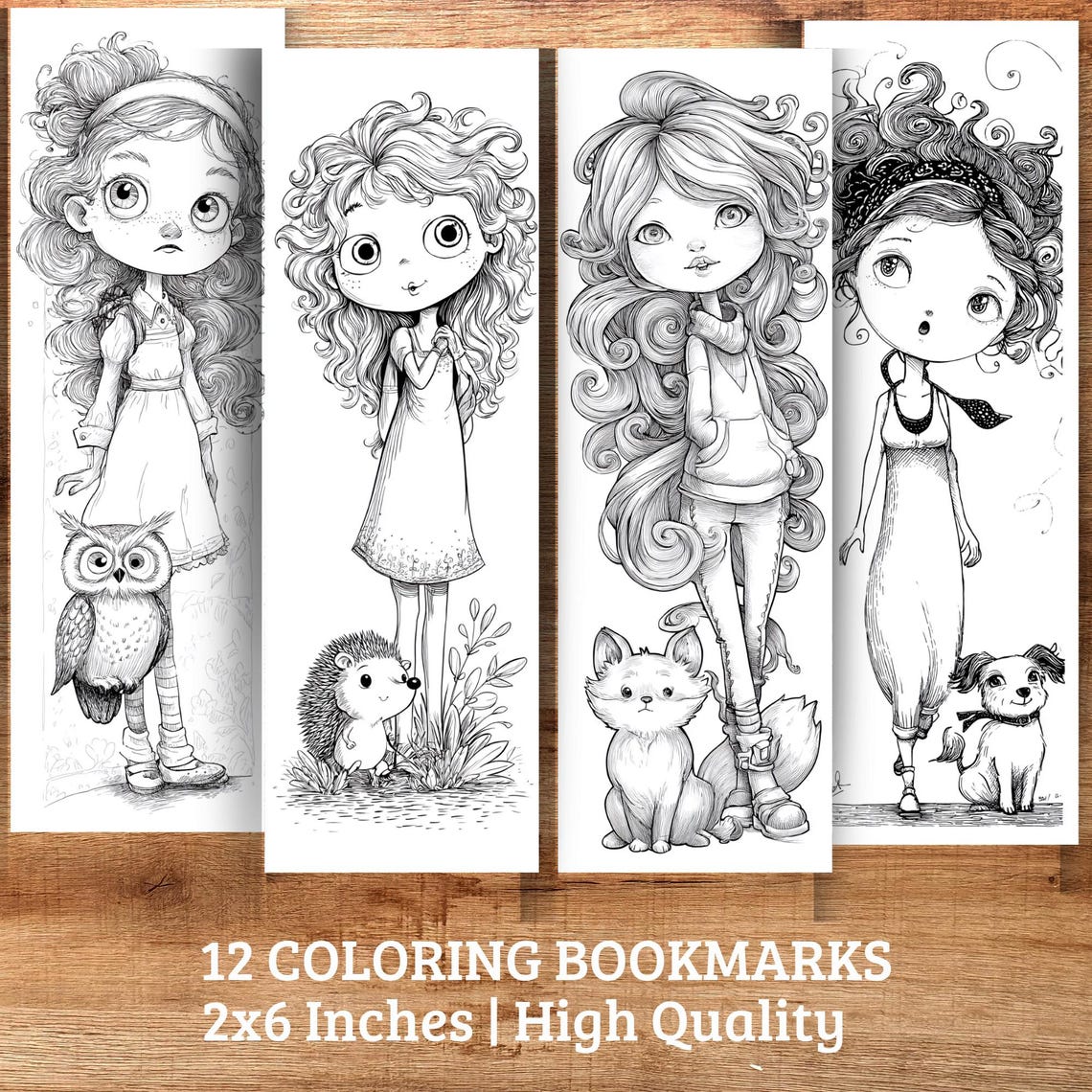 Coloring Bookmarks Whimsical Girl & Animal, Printable Bookmarks Set ...
