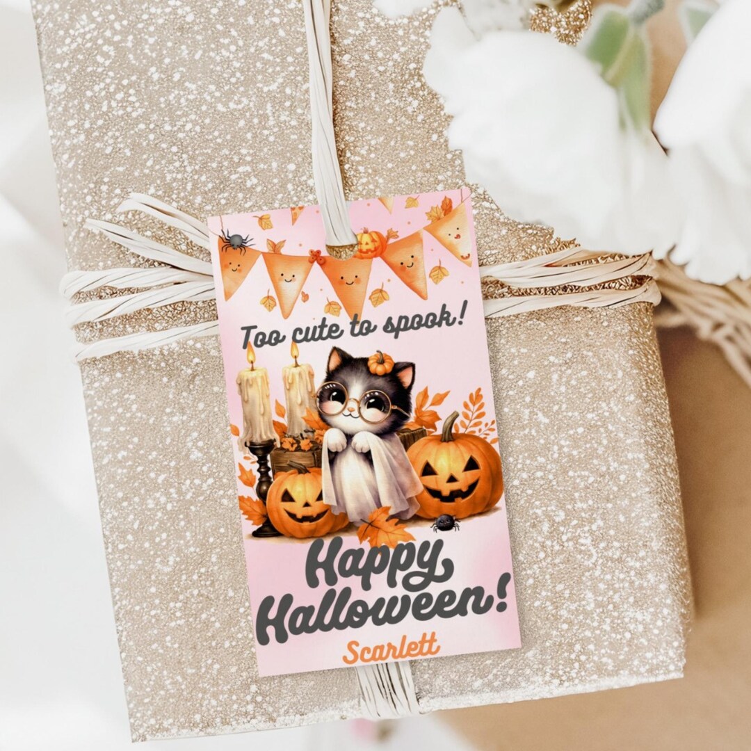 Editable Halloween Cat Gift Tag, Cute Black Kitten Ghost Tag for Kids ...