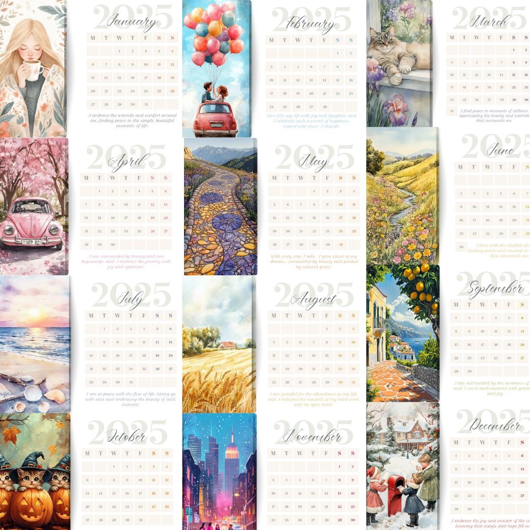 2025 Printable Watercolor Calendar 12-month Affirmation Art A4 Digital ...