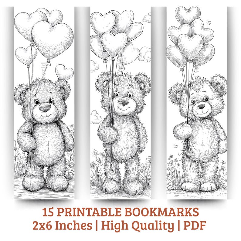 Teddy Bear Coloring Bookmarks | Heart Balloons, Kids Crafts (PDF ...