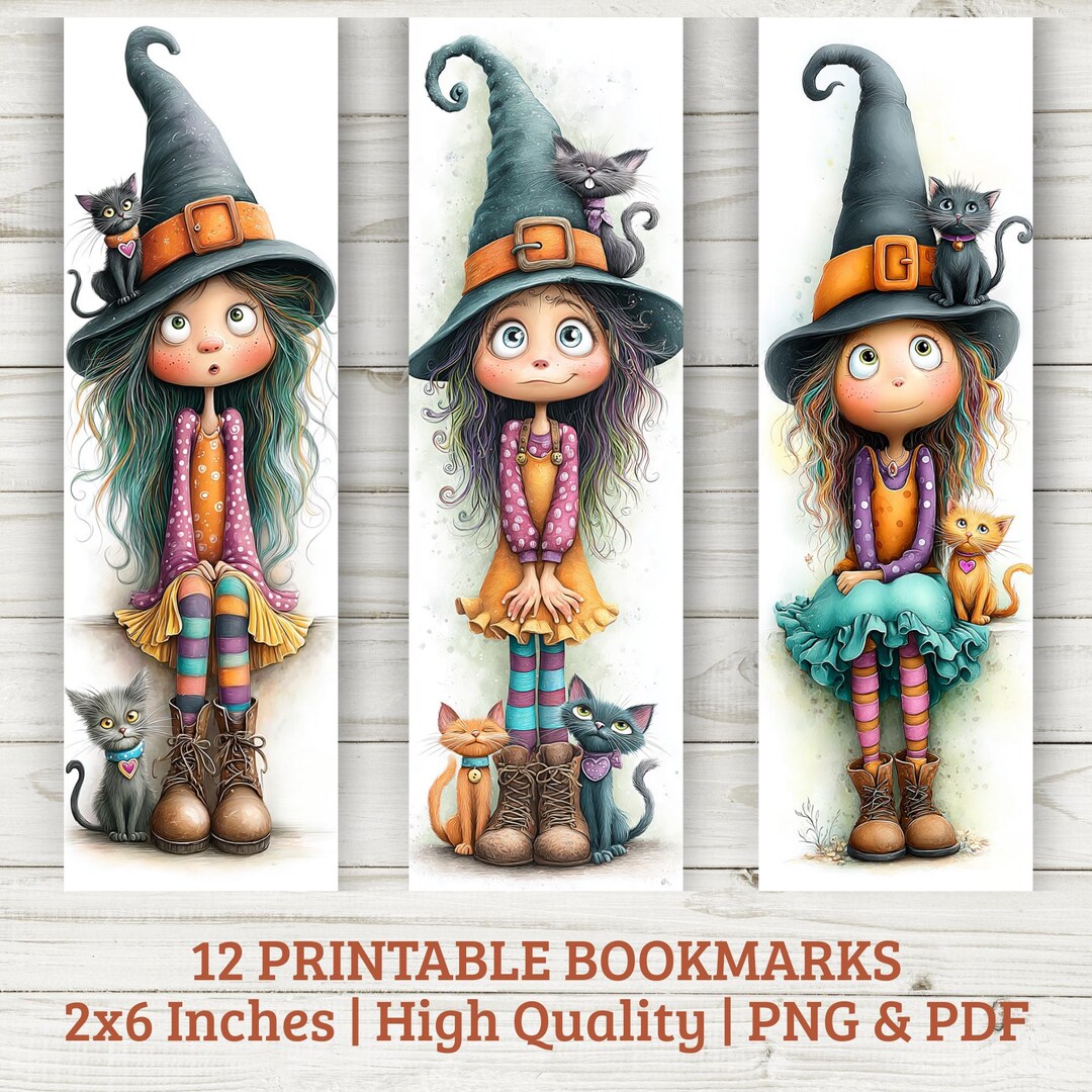Halloween Witch Bookmarks: Spooky-cute Printable Set, Halloween Cat ...