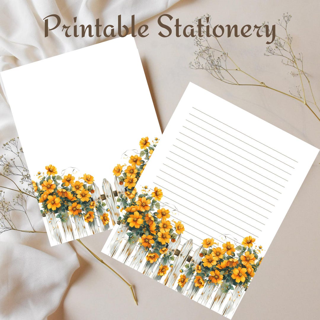 Rustic Fence & Yellow Flowers Printable Stationer, A4 Digital Paper ...