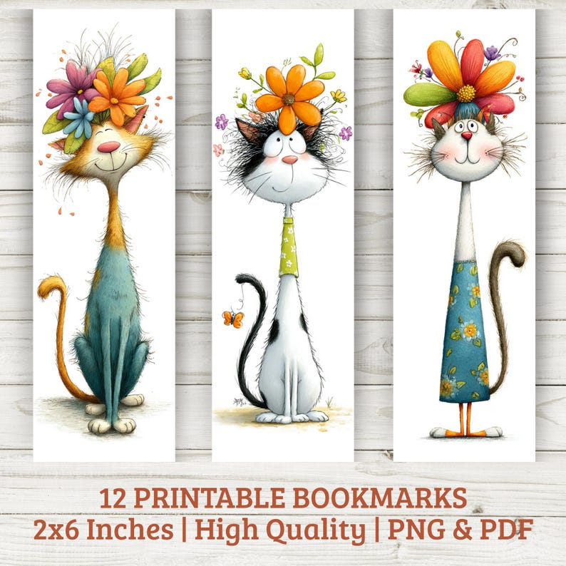 Cartoon Cat Bookmarks - 12 Floral Designs (PDF + PNG) - Etsy