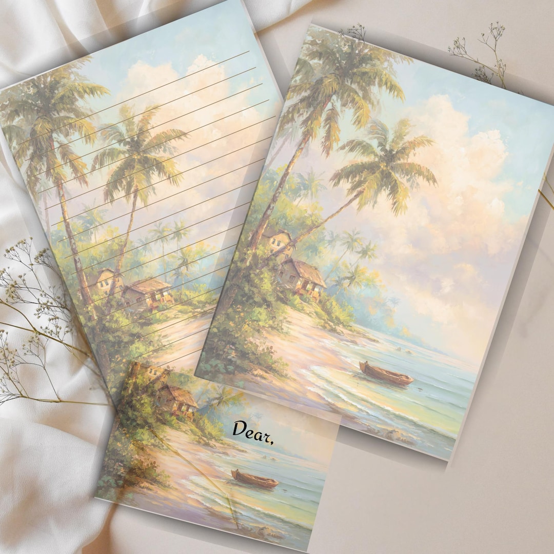 Tropical Beach Letter Writing Set – Watercolor Palm Tree Stationery (A4 ...