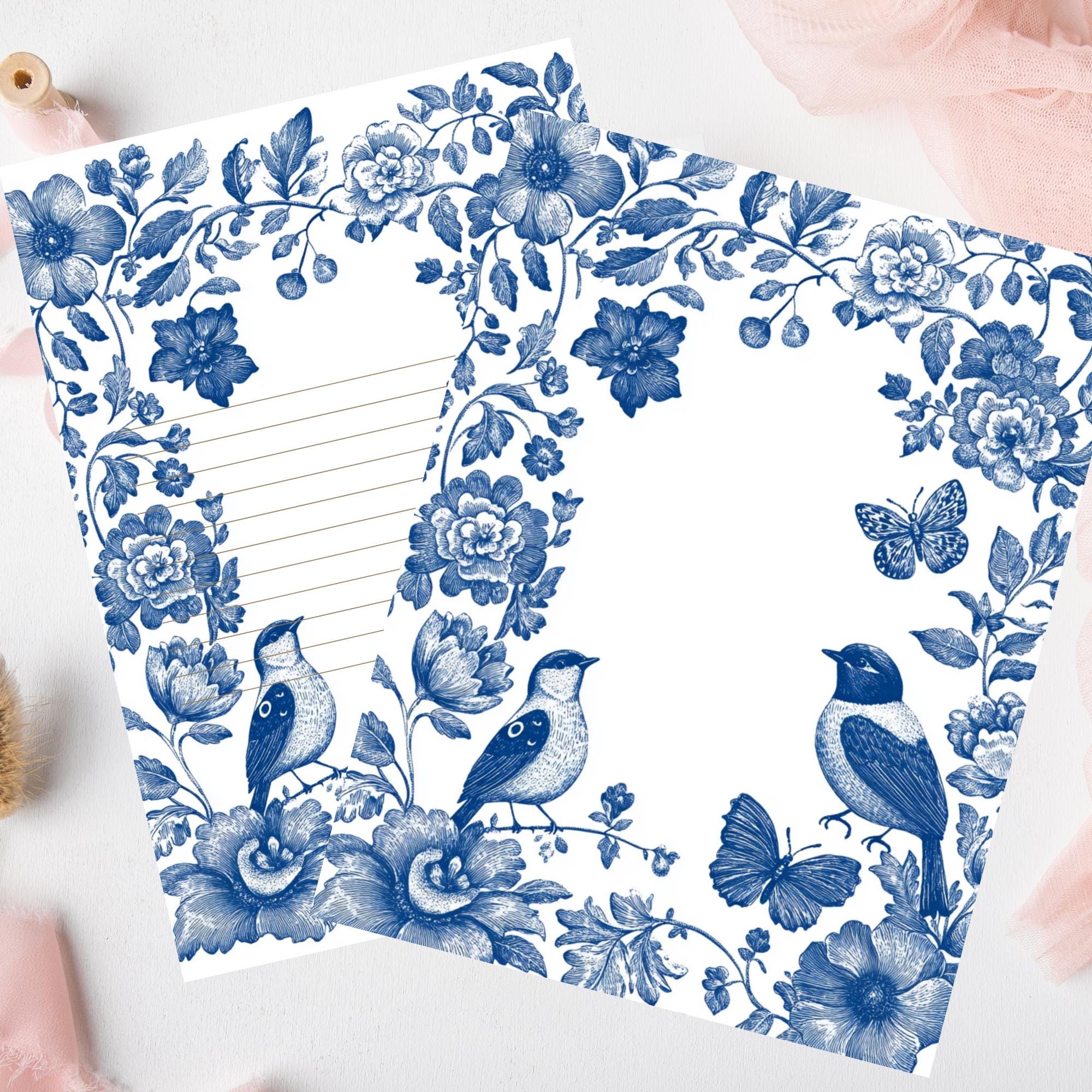Vintage Blue Floral Letter Set, Birds & Butterflies Stationery – A4 ...