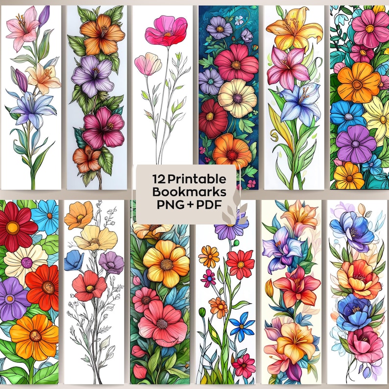 12 Elegant Floral Printable Bookmarks, Printable Bookmarks Set ...