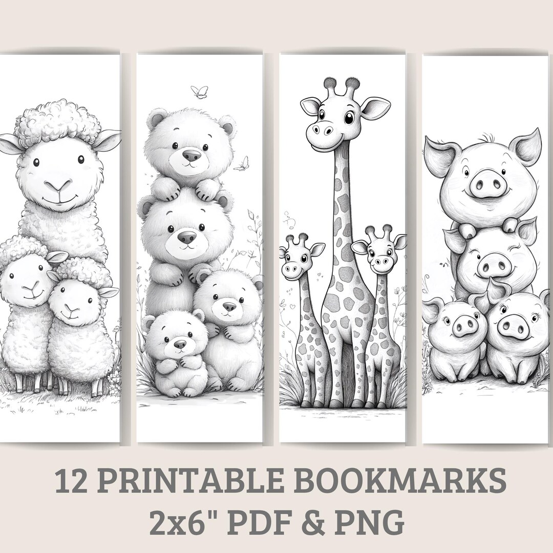 Cute Animal Coloring Bookmarks, 2x6" Printable Bookmarks, Black and ...