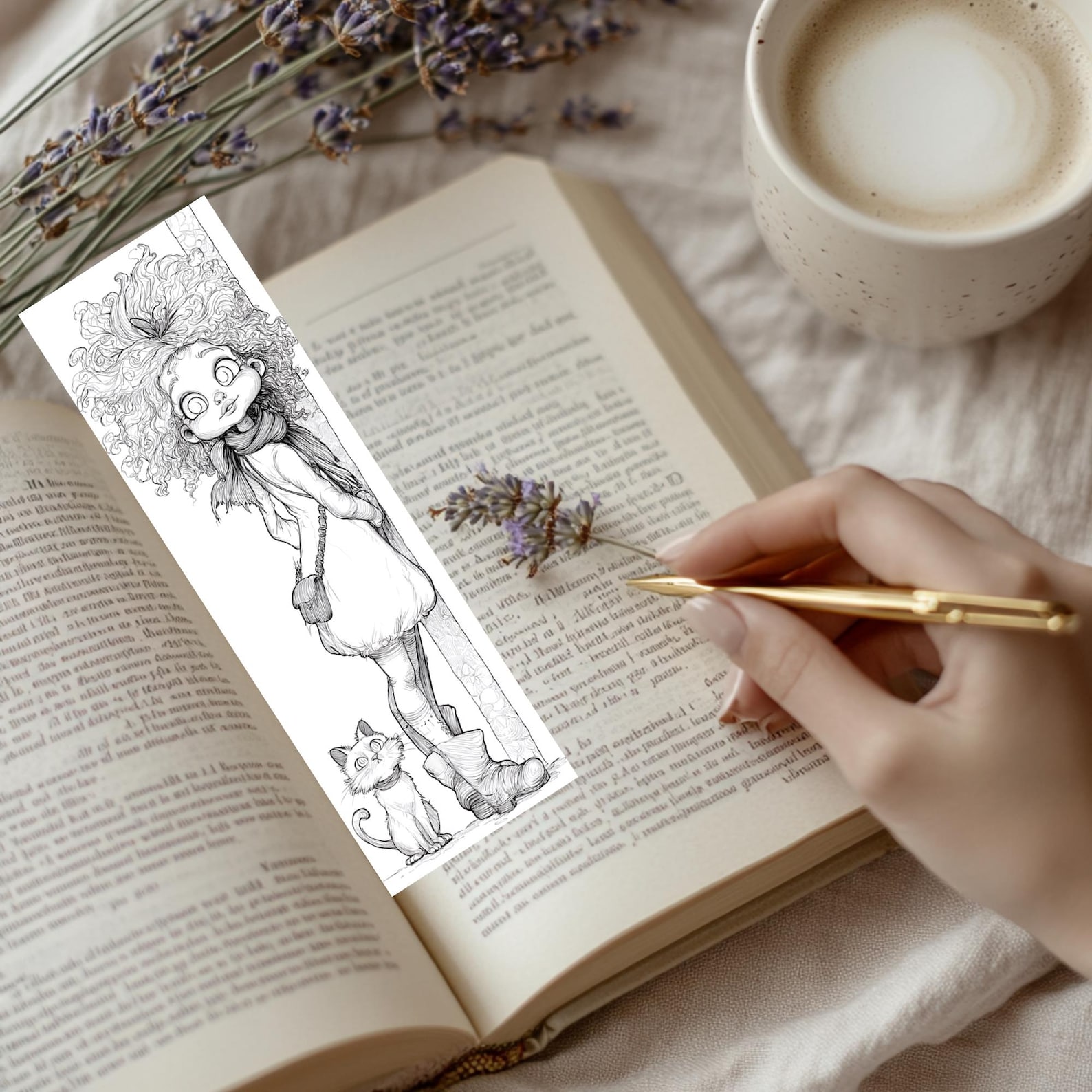 Coloring Bookmarks Whimsical Girl & Animal, Printable Bookmarks Set ...