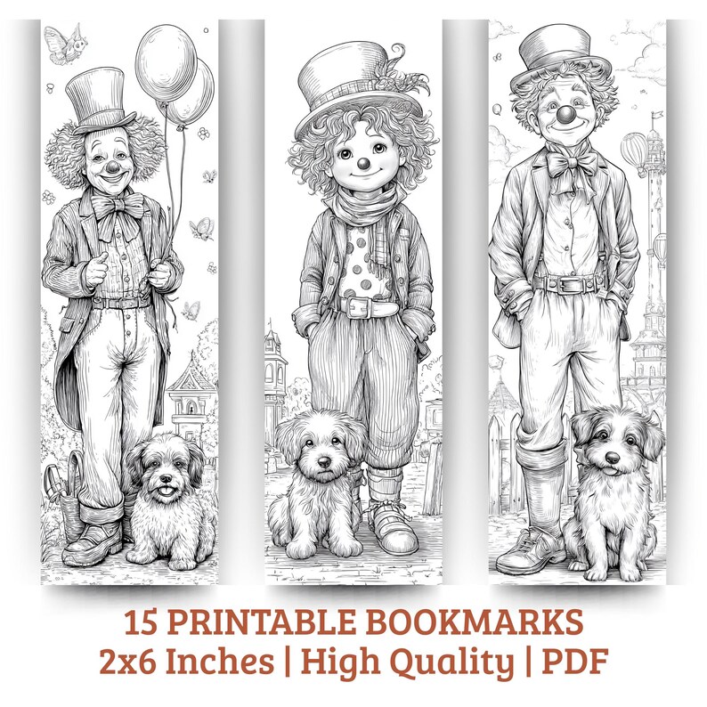 Clown Coloring Bookmarks, Circus Printable Bookmarks (PDF, 2x6 Inches ...