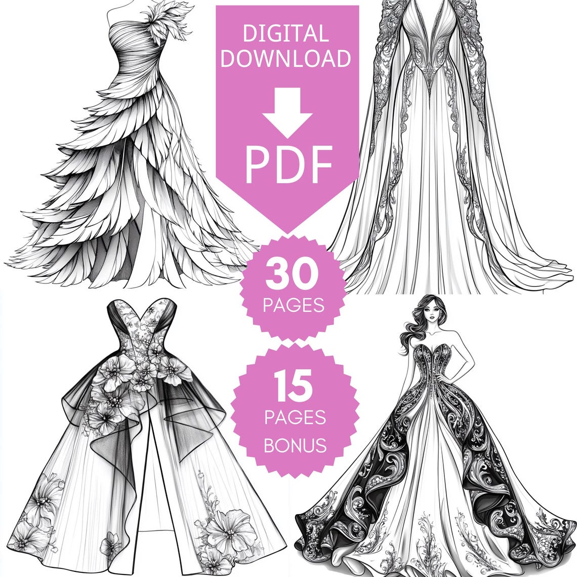 Evening Dress Coloring Pages Fashion Coloring Pages for Adults 15 Page ...