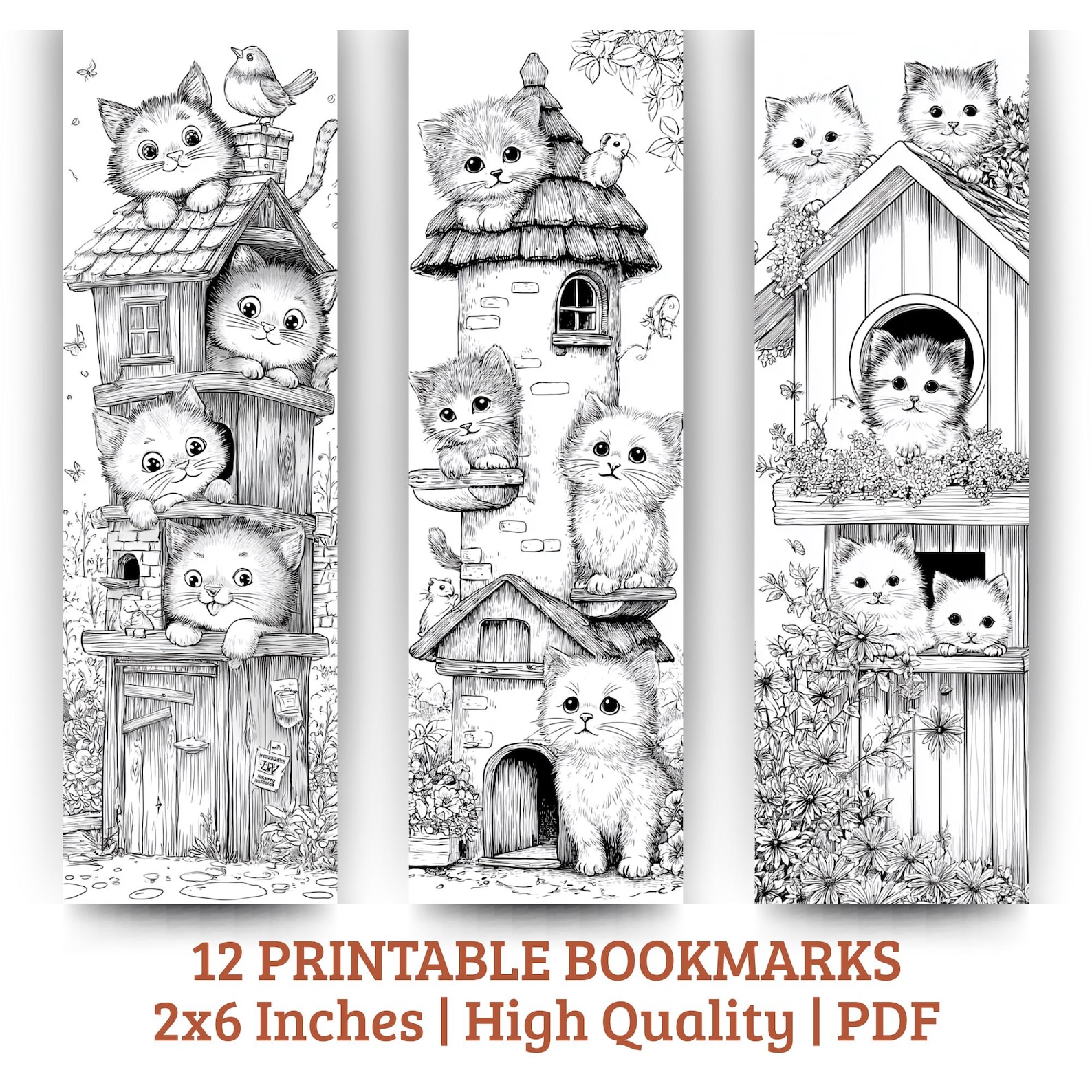 Cat House Coloring Bookmarks: Printable Black & White Designs (PDF ...
