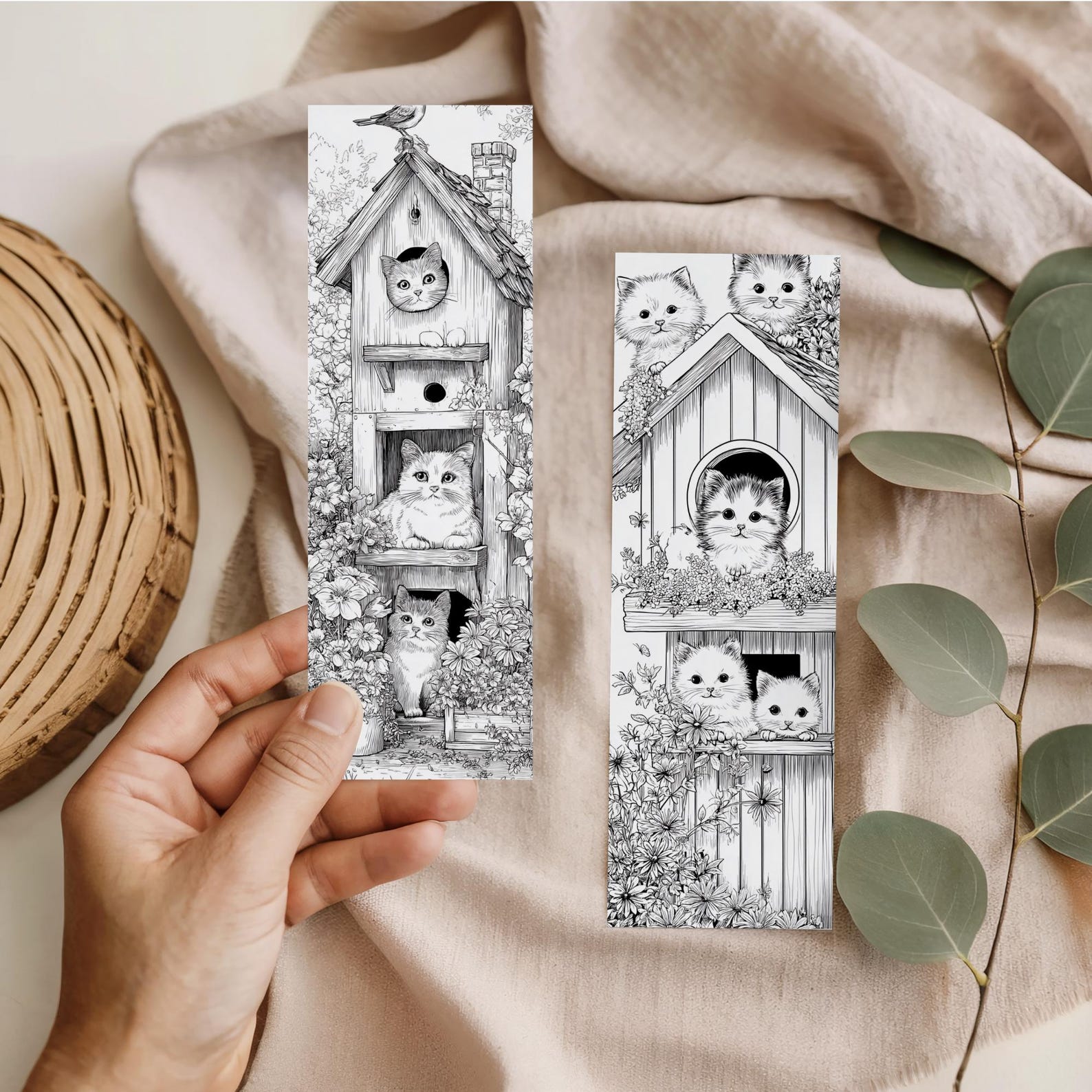 Cat House Coloring Bookmarks: Printable Black & White Designs (PDF ...