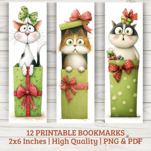 Funny Christmas Cat Printable Bookmarks – 12 Whimsical Watercolor ...