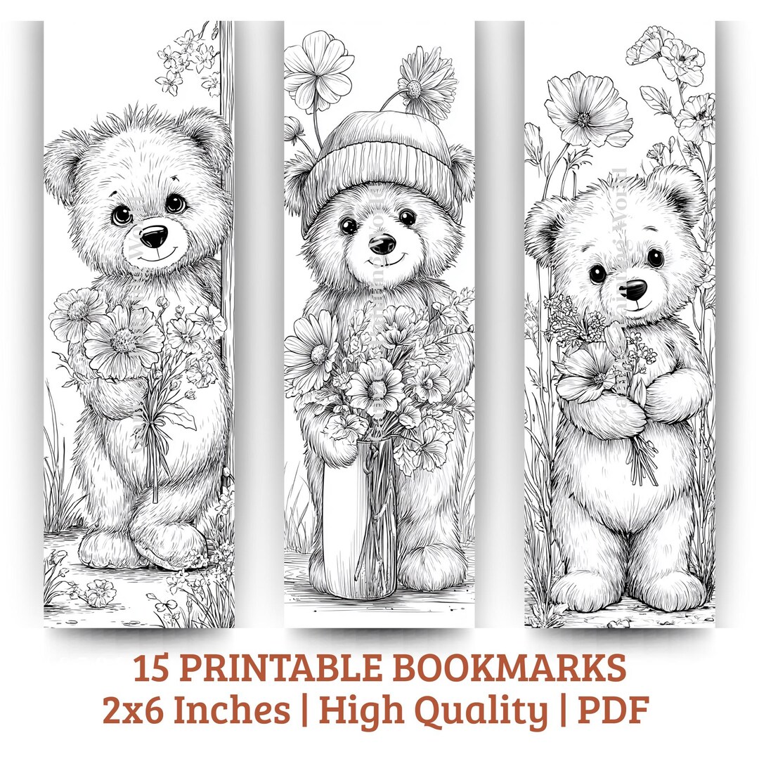 Teddy Bear Coloring Bookmarks | Floral Kids Craft (PDF Printable Set of ...