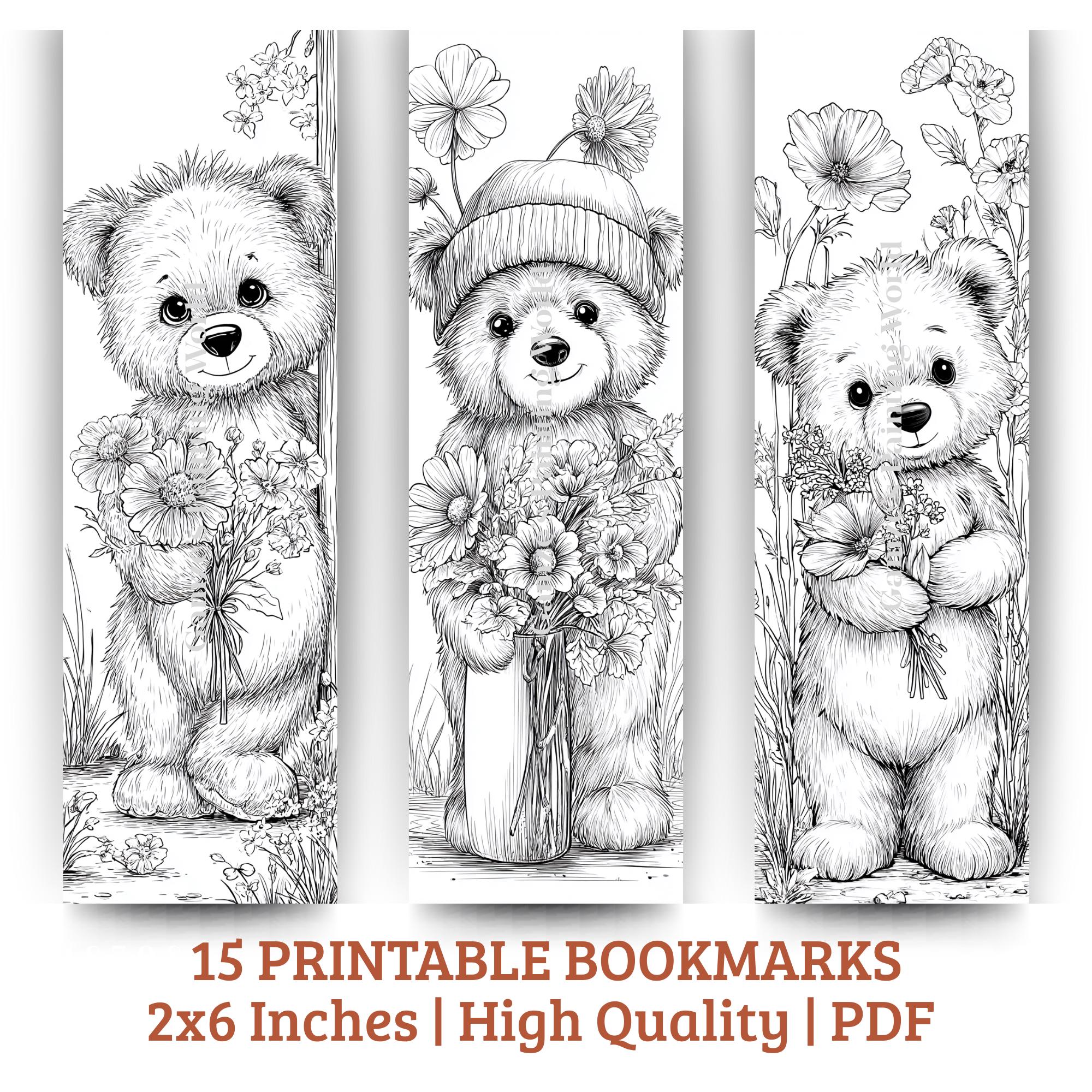 Teddy Bear Coloring Bookmarks | Floral Kids Craft (PDF Printable Set of ...