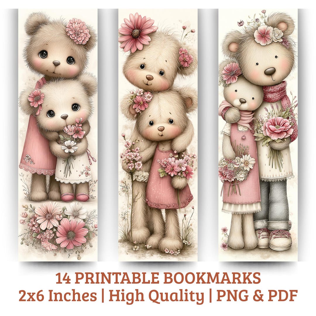Printable Cute Teddy Bear Bookmarks | 14 Whimsical Floral Bear Designs ...