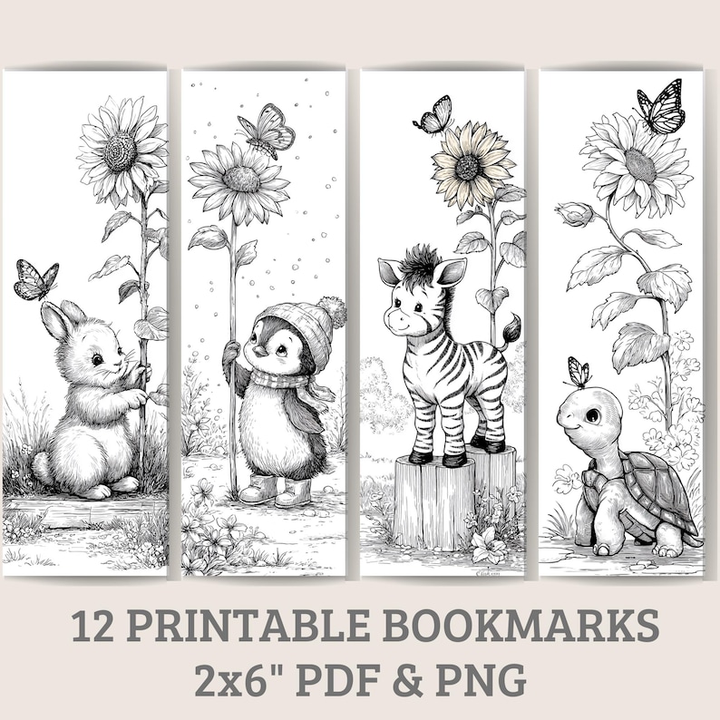 Cute Animal Coloring Bookmarks, 2x6" Printable Bookmarks, Black and ...