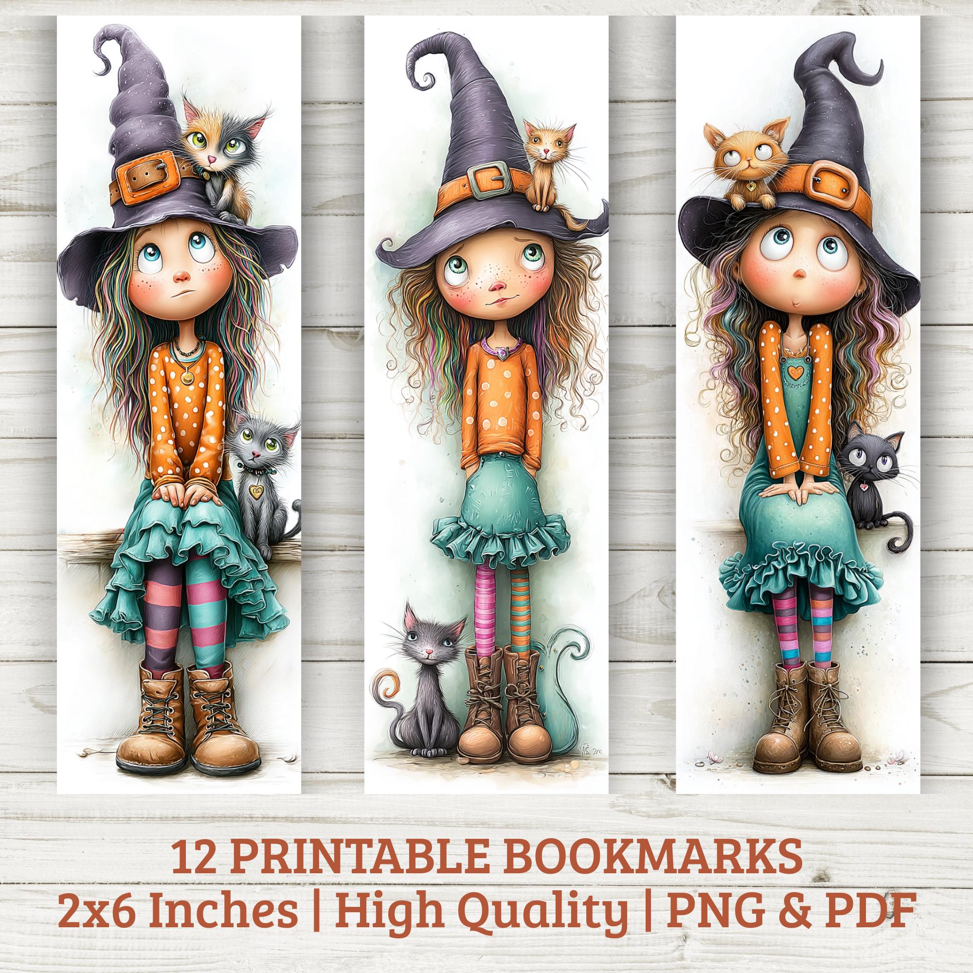 Halloween Witch Bookmarks: Spooky-cute Printable Set, Halloween Cat ...