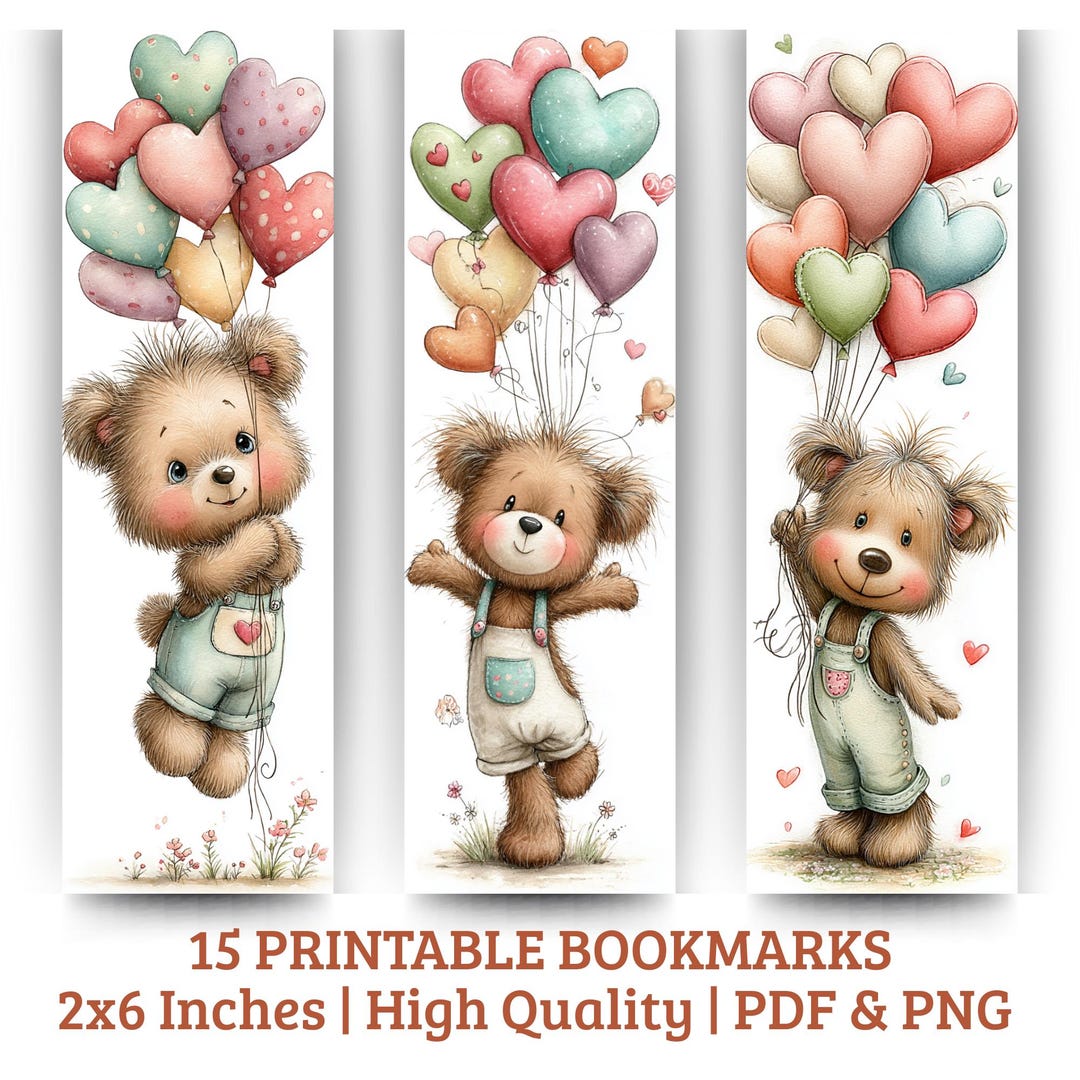 Watercolor Teddy Bear Bookmarks – Heart Balloons, Printable (PDF & PNG ...