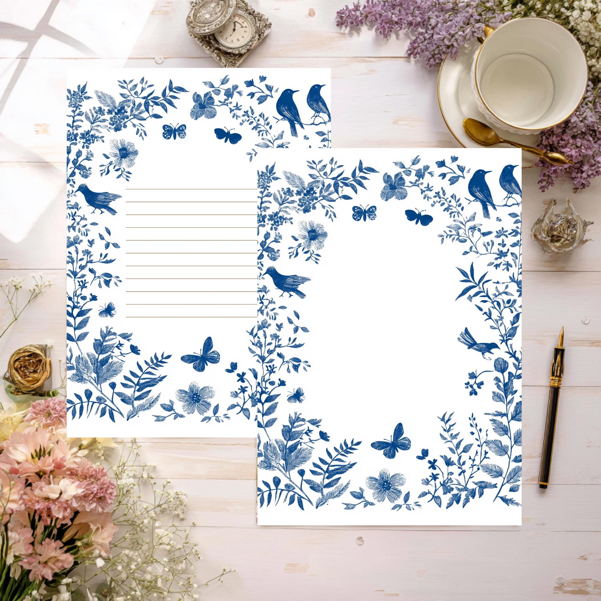 Elegant Blue Botanical A4 Printable Letter Writing Set: Lined/unlined ...