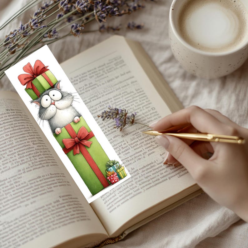 Funny Christmas Cat Printable Bookmarks – 12 Whimsical Watercolor ...