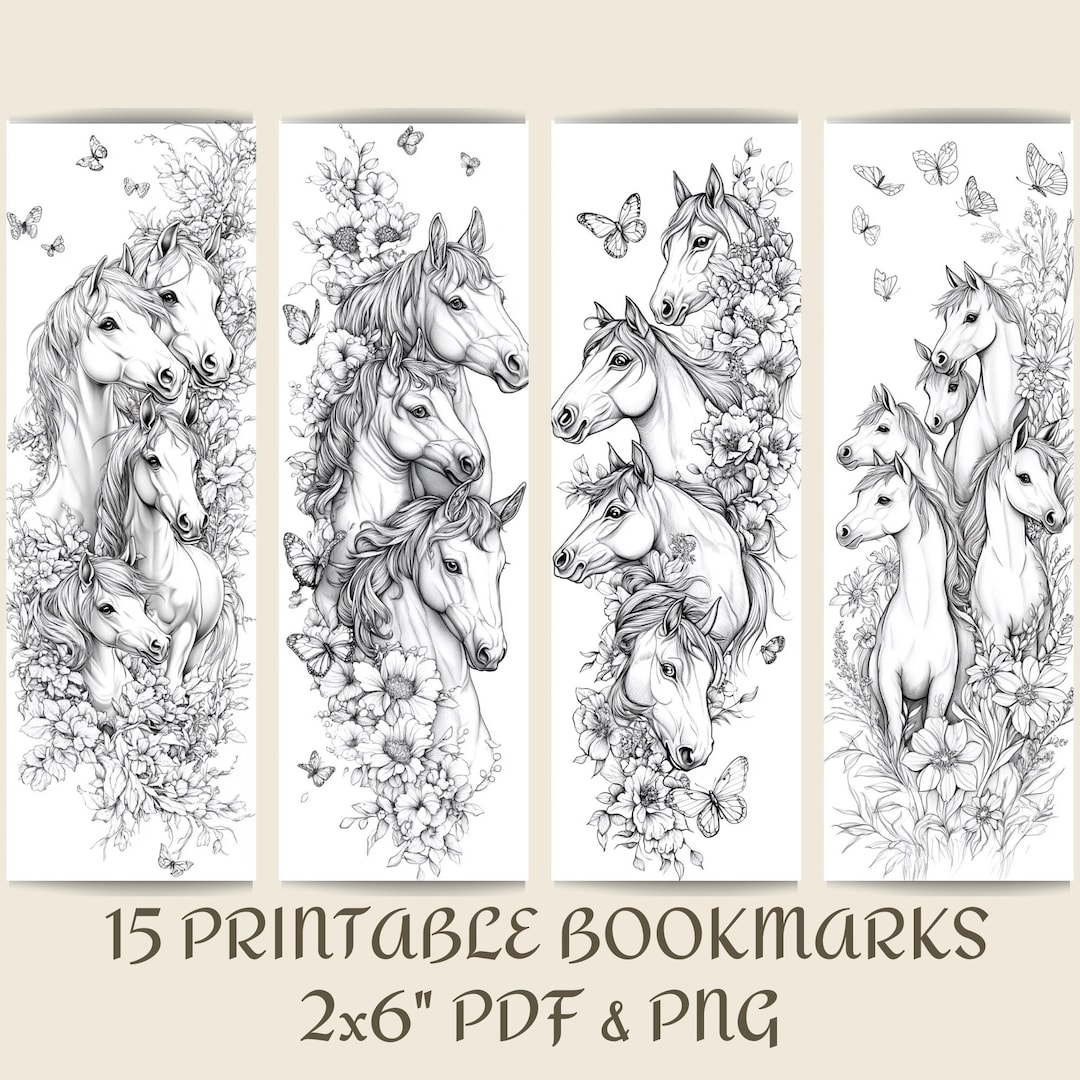 15 Colorable Horses Printable Bookmarks, Horse Printable Bookmarks Set ...
