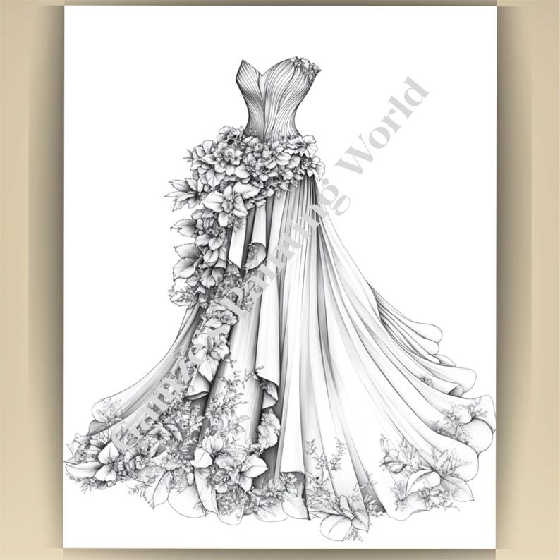Elegant Floral Gown Coloring Book: 55 Fashion Illustrations for Adult ...