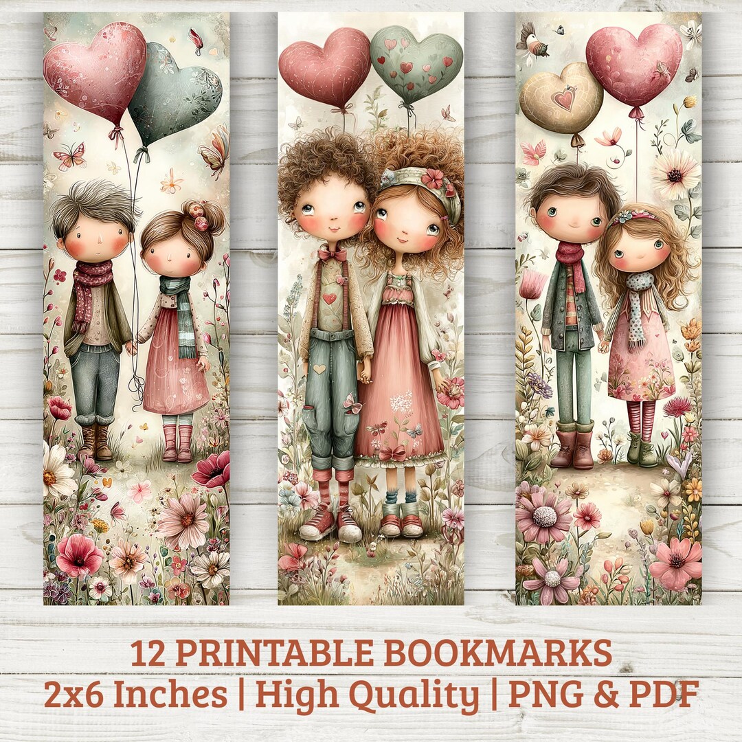 Romantic Couple Bookmarks - Heart Balloon Designs (PDF & PNG) - Etsy