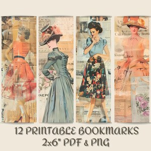 Vintage Fashion Printable Bookmarks, 12 Digital Bookmarks, 2x6” PNG ...
