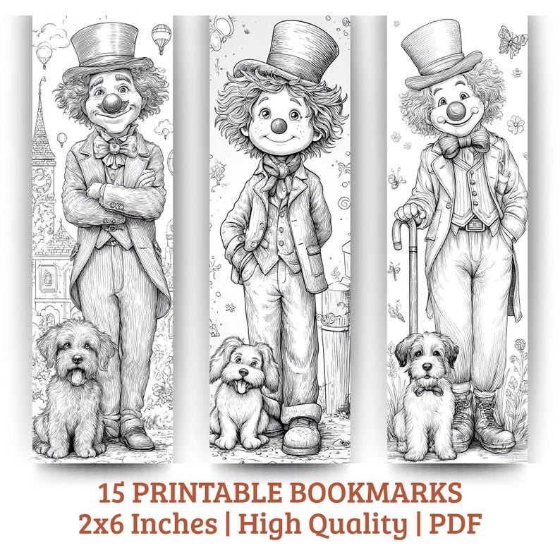 Clown Coloring Bookmarks, Circus Printable Bookmarks (PDF, 2x6 Inches ...