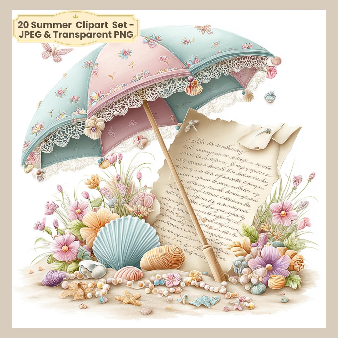 Pastel Watercolor Summer Clipart Set, Cottagecore Beach Elements (20 ...