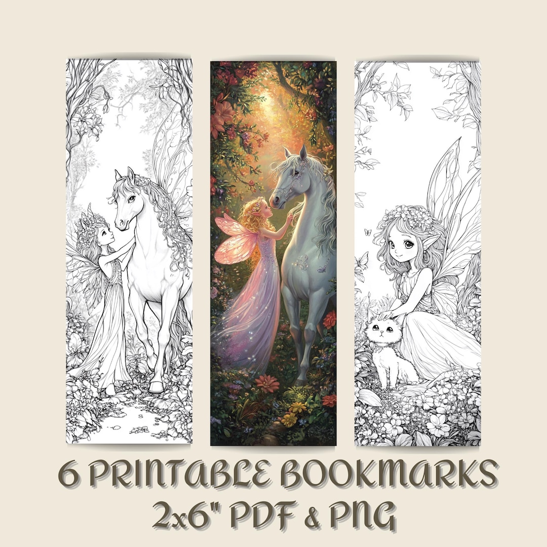 Printable Coloring Bookmarks, Fairy & Horse, Fantasy Bookmark Set ...