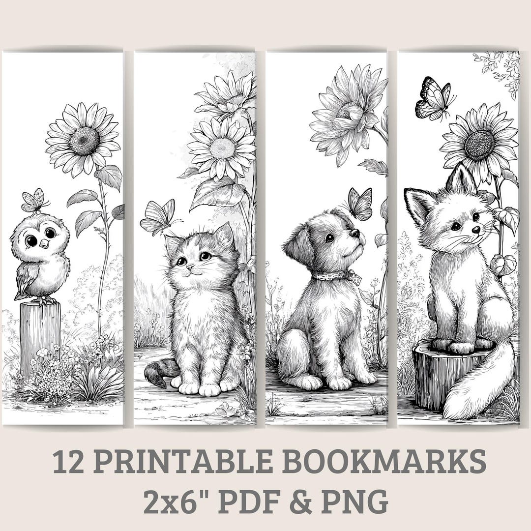 Cute Animal Coloring Bookmarks, 2x6" Printable Bookmarks, Black and ...