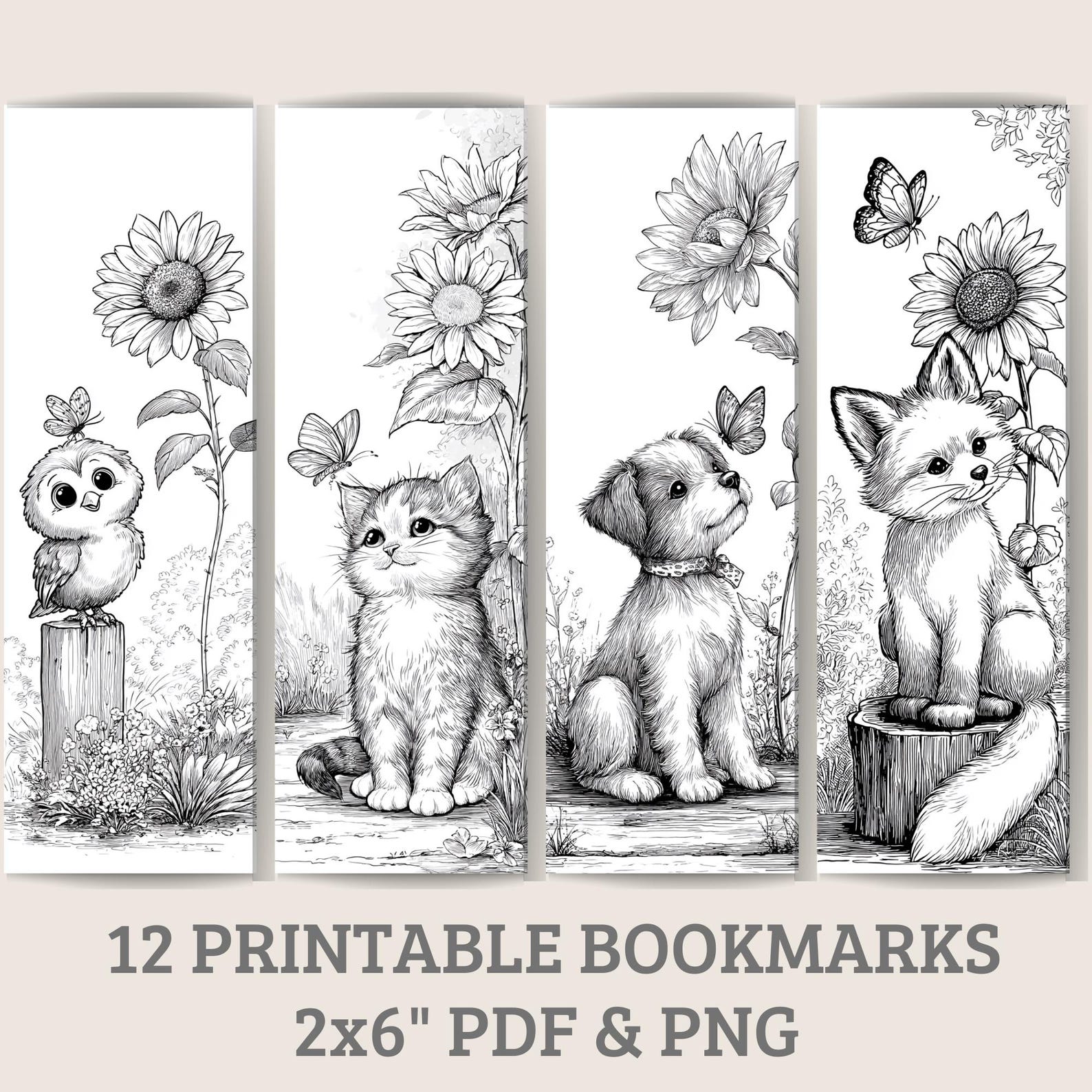Cute Animal Coloring Bookmarks, 2x6" Printable Bookmarks, Black and ...