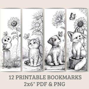 Cute Animal Coloring Bookmarks, 2x6" Printable Bookmarks, Black and ...