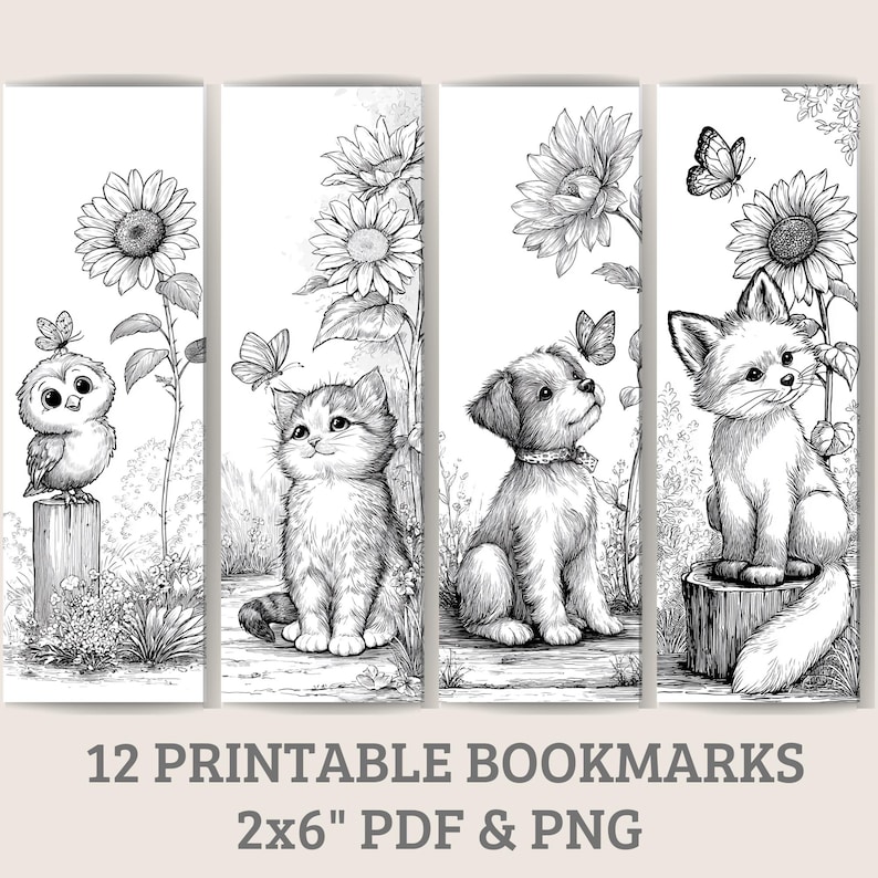 Cute Animal Coloring Bookmarks, 2x6" Printable Bookmarks, Black and ...