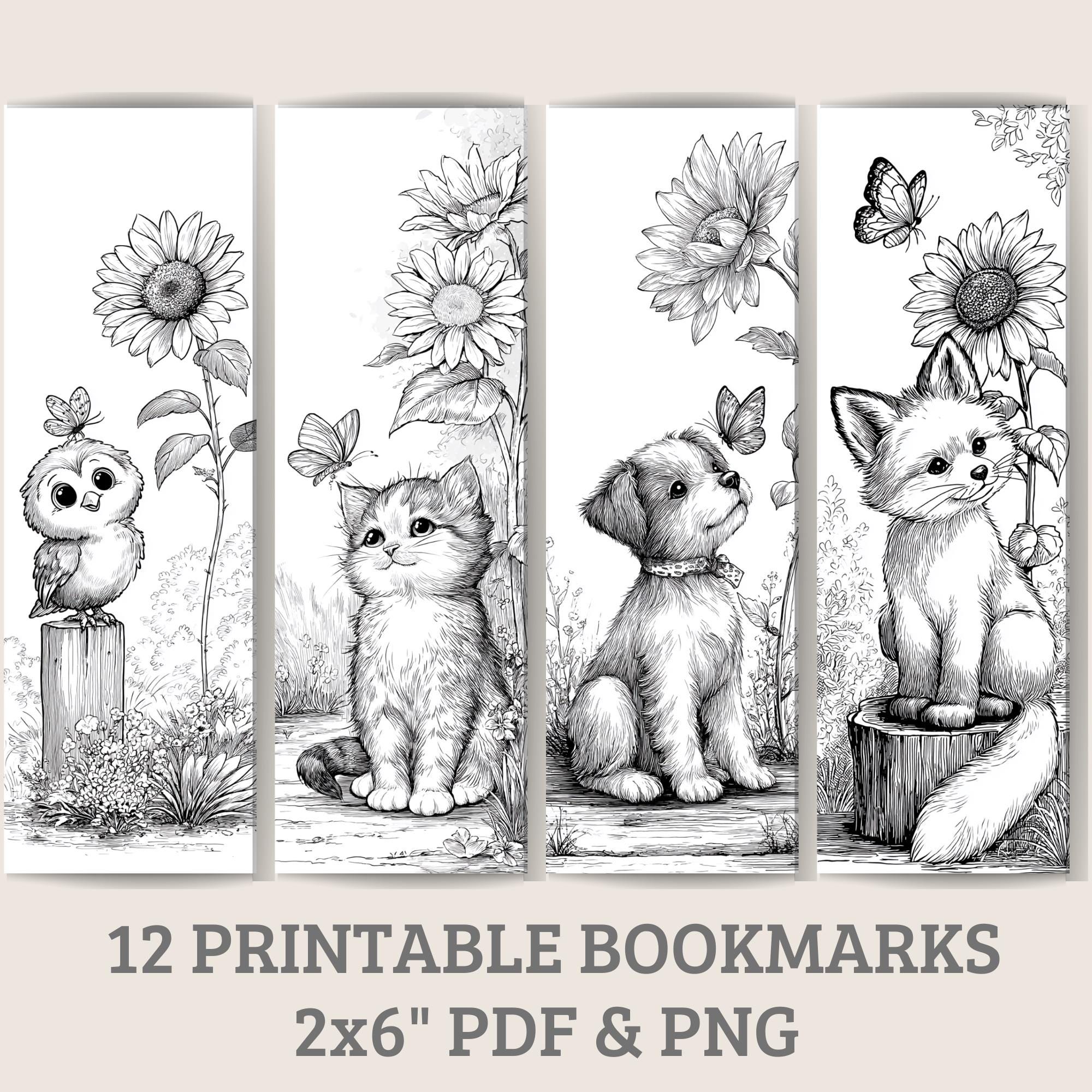 Cute Animal Coloring Bookmarks, 2x6" Printable Bookmarks, Black and ...