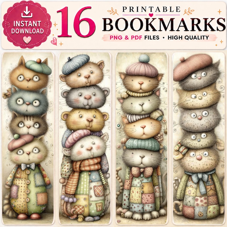Whimsical Cat Stack Printable Bookmarks – Cute Vintage Cats, Cozy ...