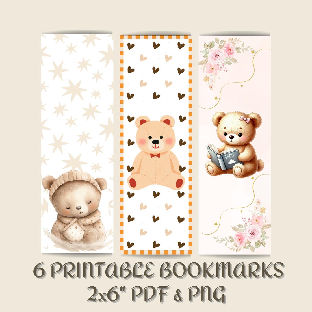 Cute Teddy Bear Printable Bookmarks, 2x6" Digital Bookmark Set, Kawaii ...