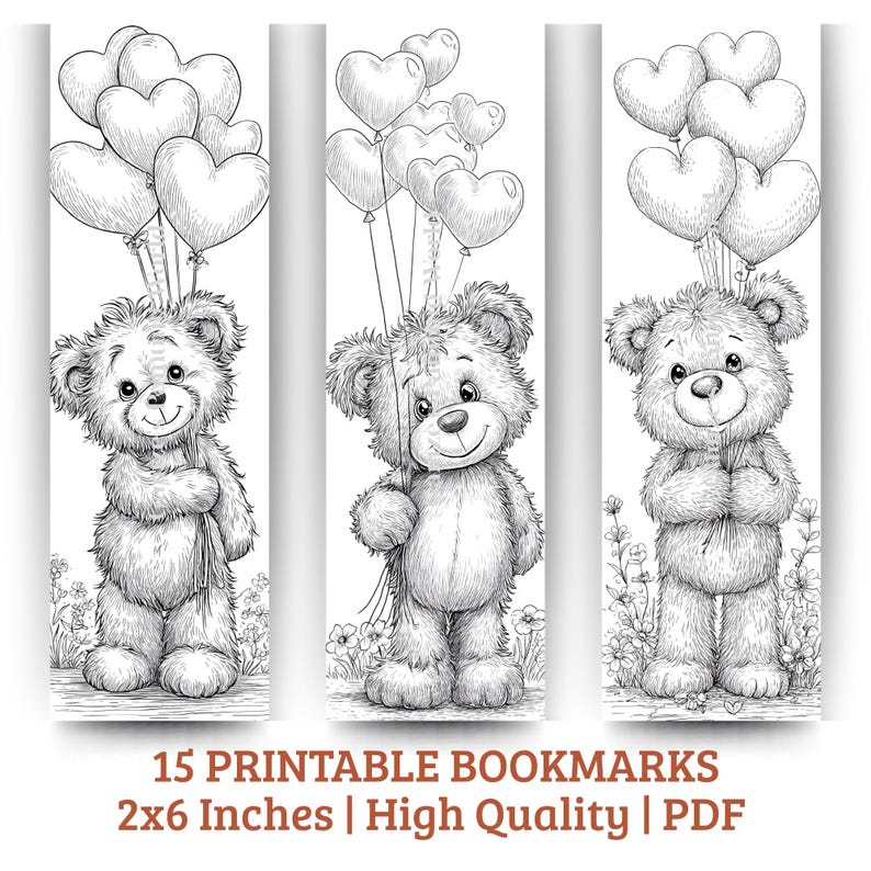 Teddy Bear Coloring Bookmarks | Heart Balloons, Kids Crafts (PDF ...